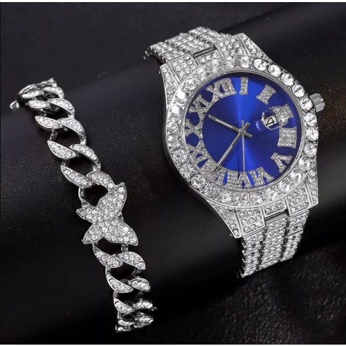 Men's Iced Cuban Bracelet And Quartz Watch Set - Silver | 5850239 ...