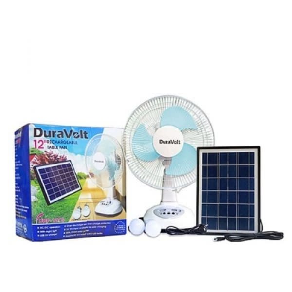 DuraVolt 12" Rechargeable Table Fan With Solar Panel & Led Bulbs ...