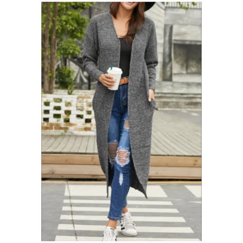 Fashion Woman Gray Open Front Knit Long Cardigan - Gray | 6350533 ...