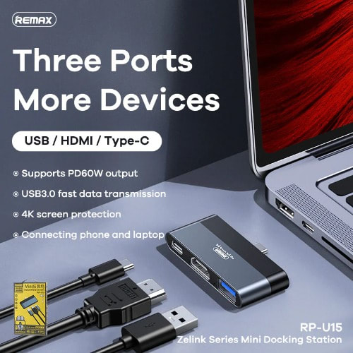 Remax Rp-u15 Plug & Play 3 In 1 Type-c Mini Docking Station - USB HDMI ...