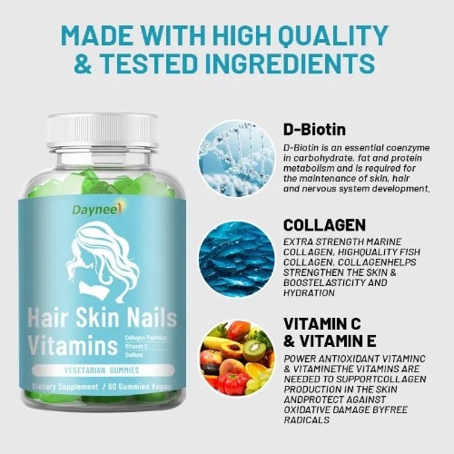 Daynee Hair Skin Nails Vitamins Vegetarian Gummies - 60 Capsules - 1PC ...