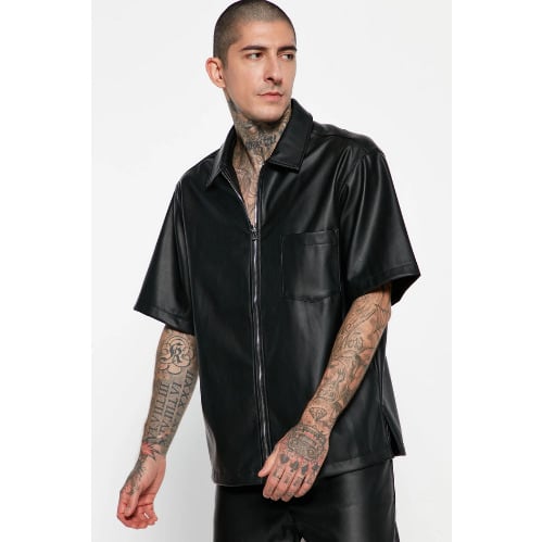 JAOP Leather Short Sleeve Zip Up Shirt - Black | Konga Online Shopping