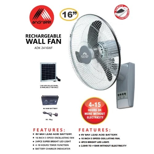 Andrakk Rechargeable Wall Fan - 16'' | Konga Online Shopping