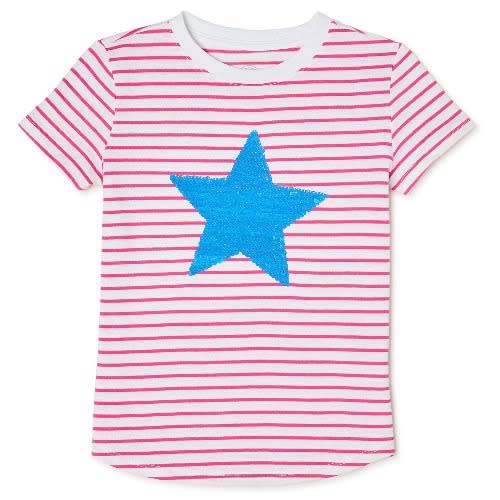 Wonder Nation Girls Embellished Sequin Short Sleeve T-shirt – Pink Star ...