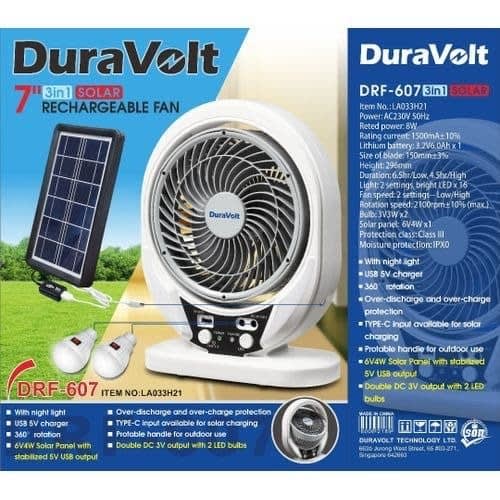 DuraVolt 3 IN 1 Solar Rechargeable Table Fan With Panel - 7 Inches ...
