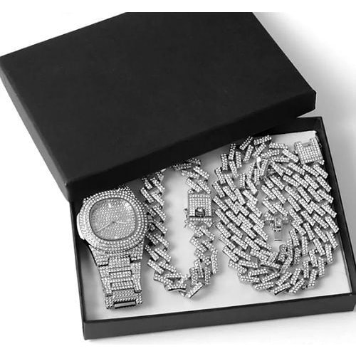 Iced Out 3 in 1 Watch + Cuban Chain + Bracelet - Silver | Konga Online ...