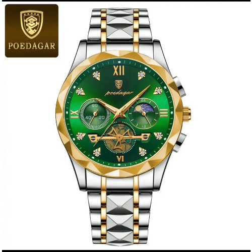 Poedagar Watch With Box And Carrrier Bag - Green & Gold Dial Silver ...
